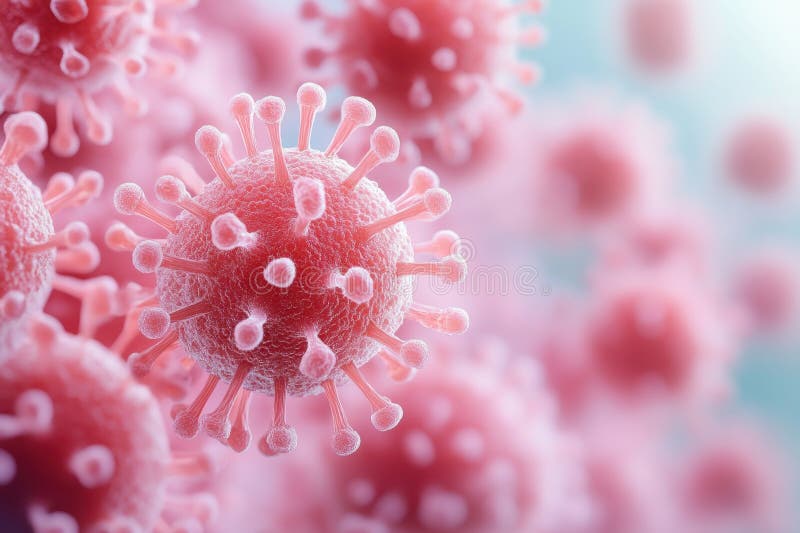 Microscopic View of Vibrant Pink Virus Particles in a Scientific ...