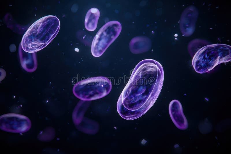 Microscopic View of Vibrant Purple Bacteria Cells on Dark Background ...