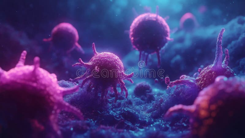 Microscopic View of Vibrant Purple Cells in a Dark Environment Stock ...