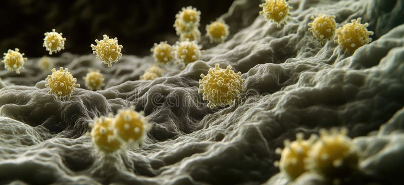 Microscopic View of Viral Particles on Textured Surface, Showcasing ...