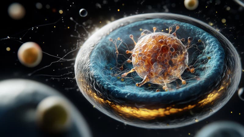 A Microscopic View of a Virus Attacking a Cell, with a Dark Background ...