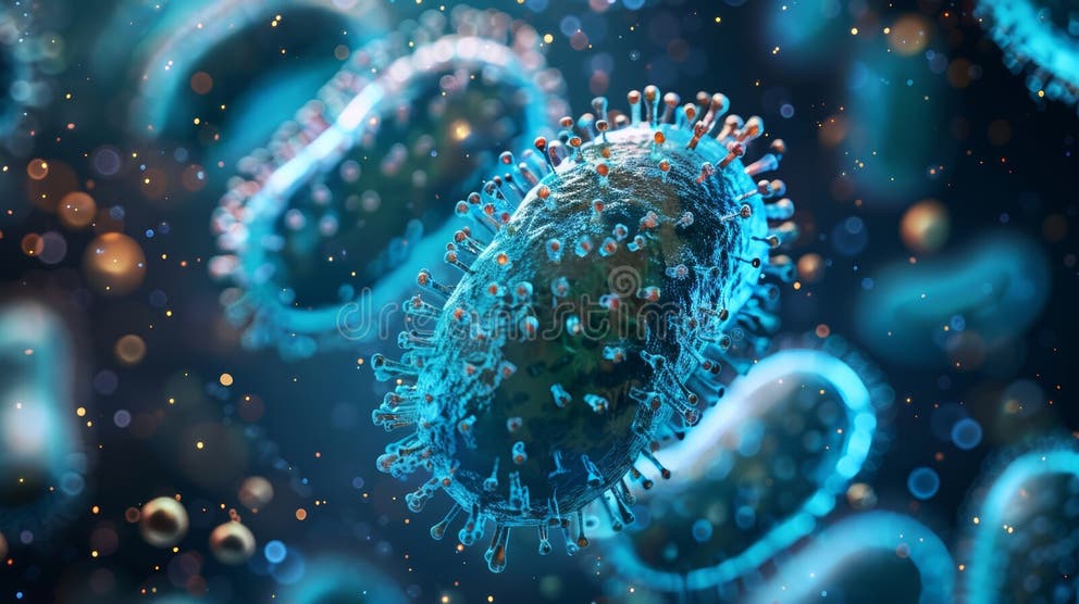 A Microscopic View of a Virus with a Blue Protein Coat and a Dark Core ...