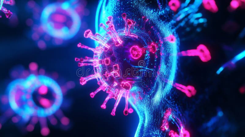 Microscopic View of a Virus Cell in Pink and Blue Neon Light Stock ...