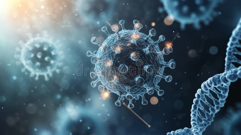 A Microscopic View of a Virus with DNA Strands in the Background. the ...