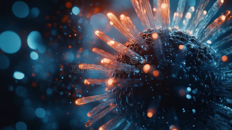 Microscopic View of Virus with Glowing Orange and Blue Elements in a ...