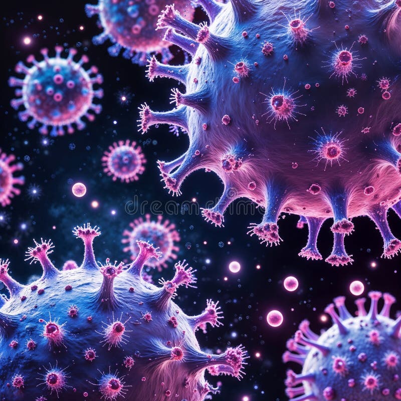 Microscopic View of Virus Particles with Neon Colors on Dark Gradient ...