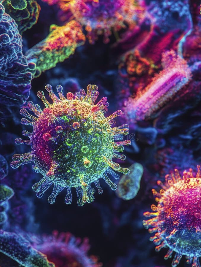 Microscopic View of Virus Particles in Vibrant Neon Colors, Close-up ...