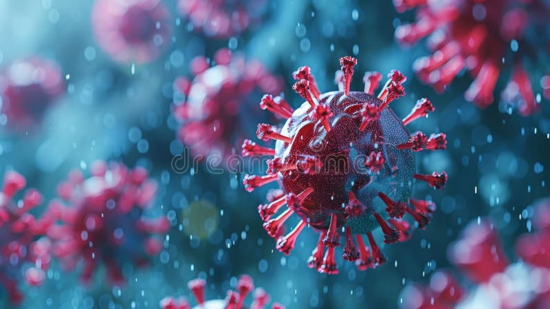 A Microscopic View of a Virus with Red Spikes, Suspended in a Blue ...