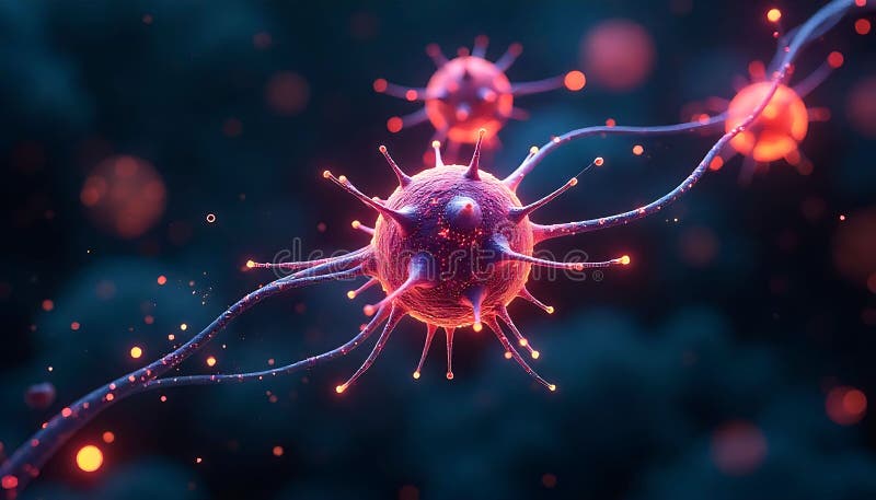 Microscopic View of Viruses Attacking a Cell with Glowing Particles and ...