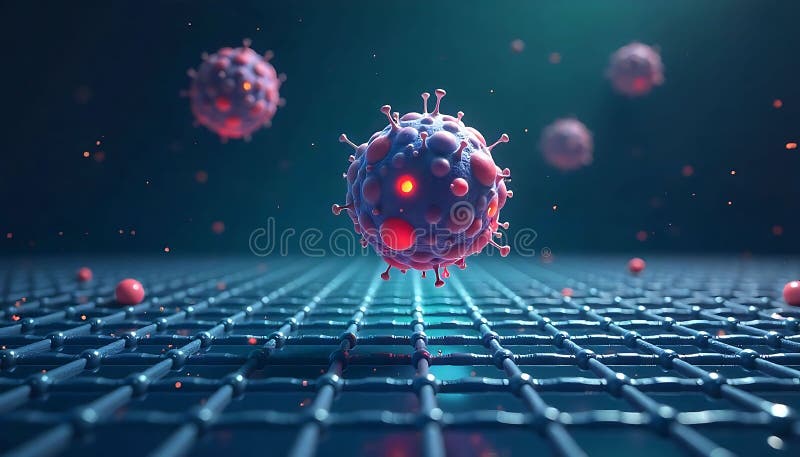 Microscopic View of Viruses Floating Above a Grid with a Dark Blue and ...
