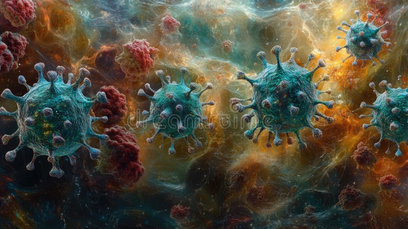 Microscopic View of Viruses Floating in a Colorful Space Environment ...