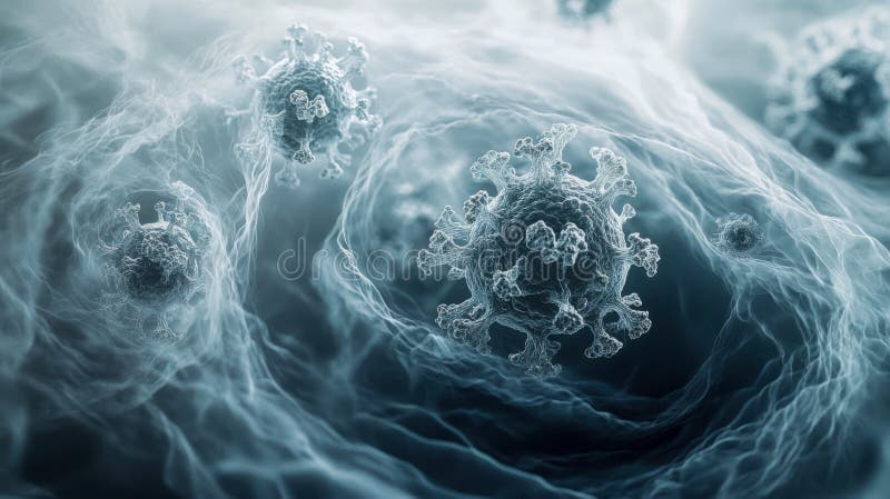 Microscopic View of Viruses Floating through a Misty Environment in ...