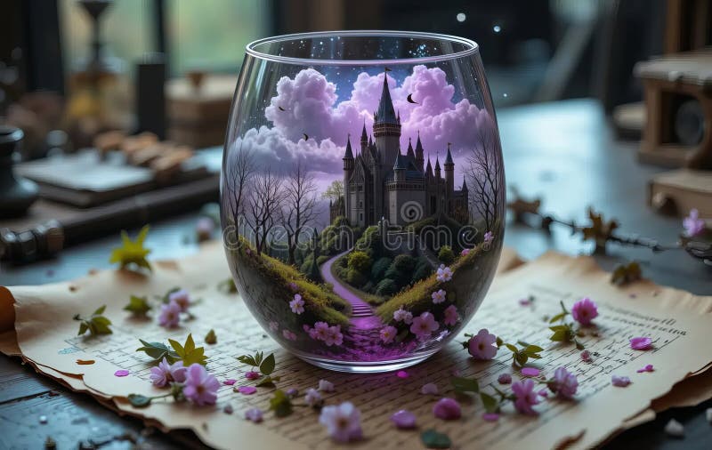 A Microscopic View of a Wine Glass with an Enchanted Forest Landscape ...