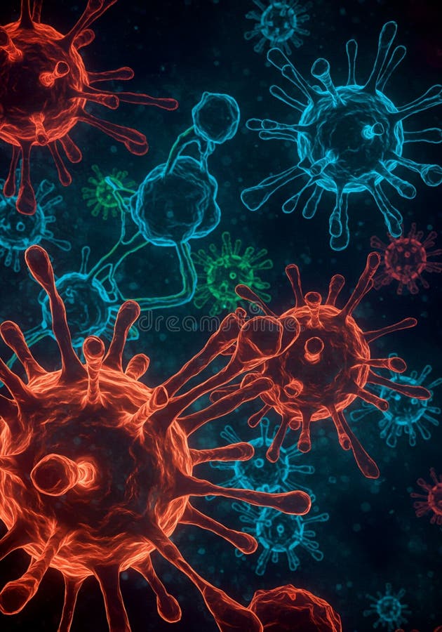 Microscopic Virus Cell Structures Glowing Red Blue Green Stock ...