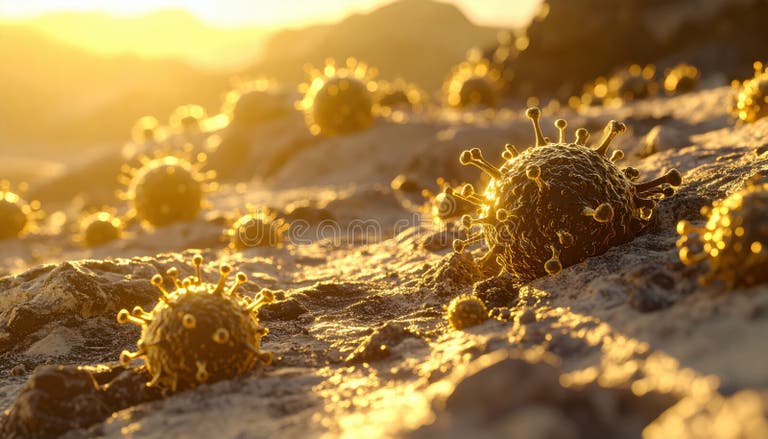 Microscopic Virus Cells Glowing in Golden Sunset Light Metaphorically ...