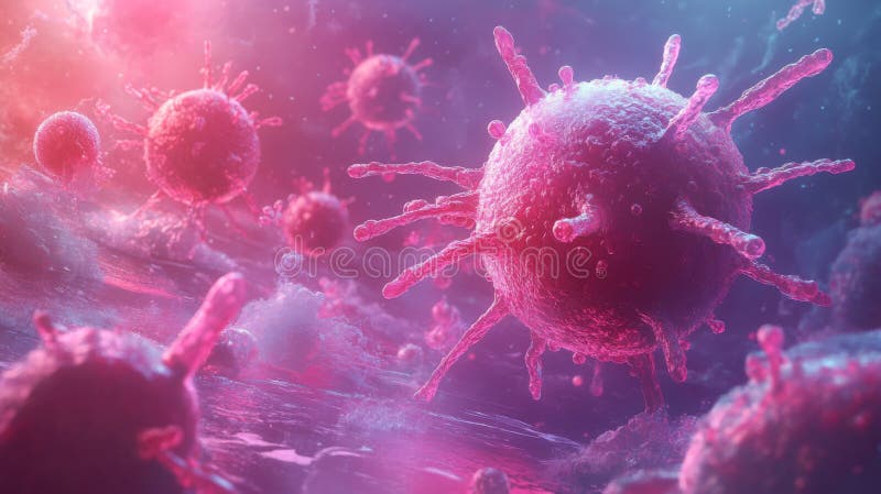 Microscopic Virus Cells in Pink and Purple Background Stock ...