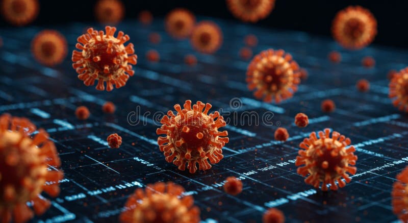 Microscopic Virus 3D Rendering: Red and Orange Particles on Blue ...