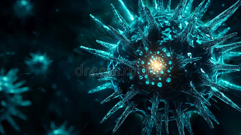 Microscopic Virus Structure, Glowing Blue Details, Black Background ...