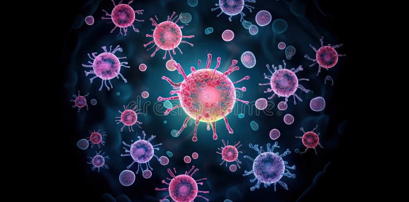 Microscopic Viruses Floating on Blue Background for Health Science ...
