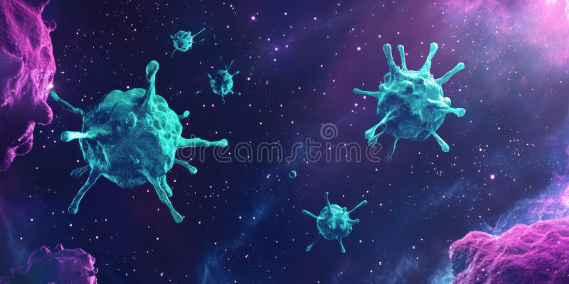 Microscopic Viruses Floating in Outer Space with Purple and Blue Nebula ...