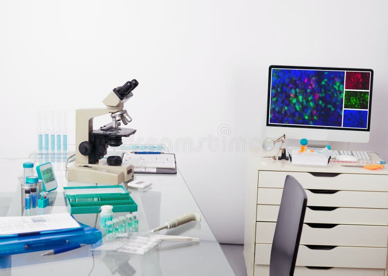 Microscope, Computer Monitor with Digital Fluorescent Image and Stock ...