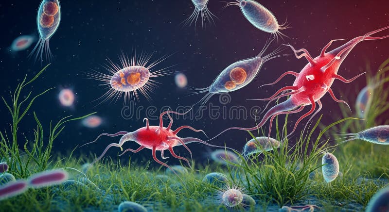 Microscopic World: Bacteria, Amoeba, and Algae in a Vibrant Underwater ...