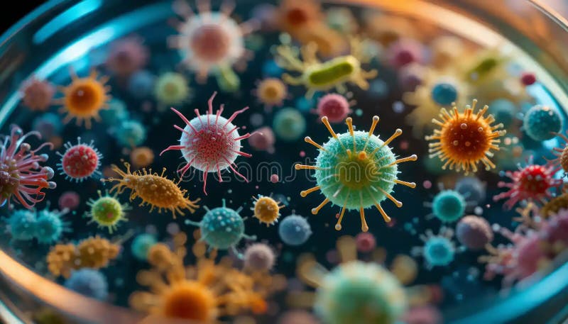 Microscopic World: a Colorful Visualization of Viruses and Bacteria in a Petri Dish Stock ...