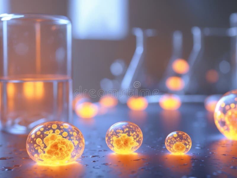 Microscopic World. Glowing Cells and Laboratory Glassware, Research ...