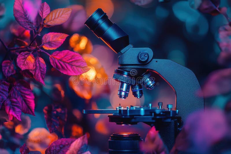 Microscopy Setup among Vivid Foliage Featuring Vibrant Purple and ...