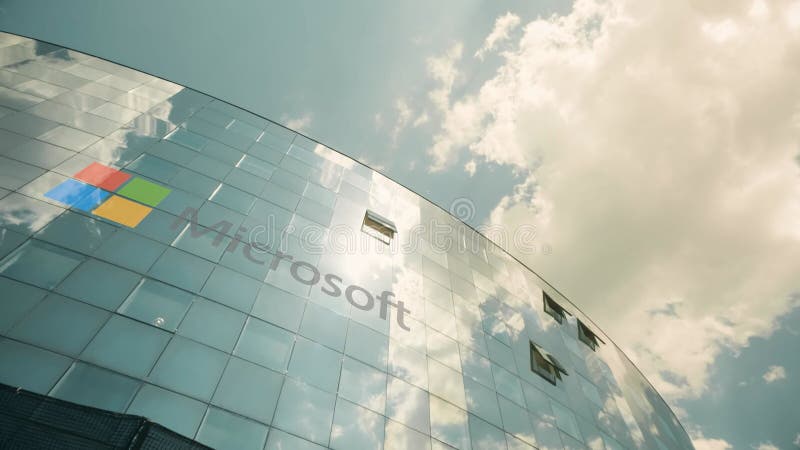 Microsoft Logo on the Modern Office Building, View from Below ...