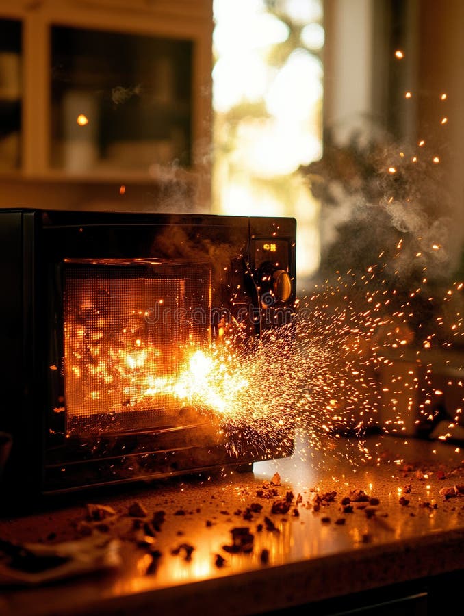 Microwave Explosion in Kitchen Sparks Fire and Debris Stock Photo ...