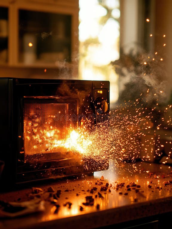 Microwave Explosion in Kitchen Sparks Fire and Debris Stock Photo ...
