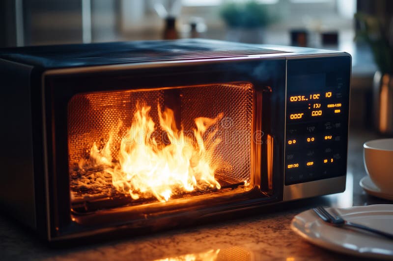 Microwave Fire Incident Causing Significant Damage in a Kitchen Setting ...