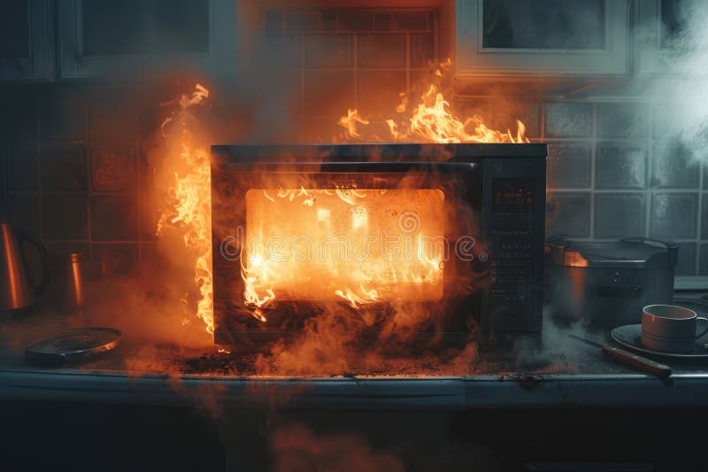 Microwave Oven Burns in Fire and Smoke in the Kitchen Stock Photo ...