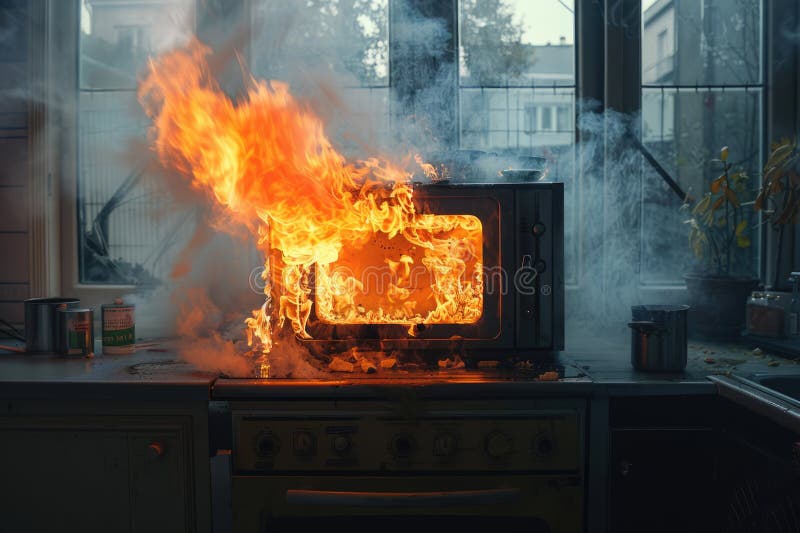 Microwave Oven Burns in Fire and Smoke in the Kitchen Stock Image ...
