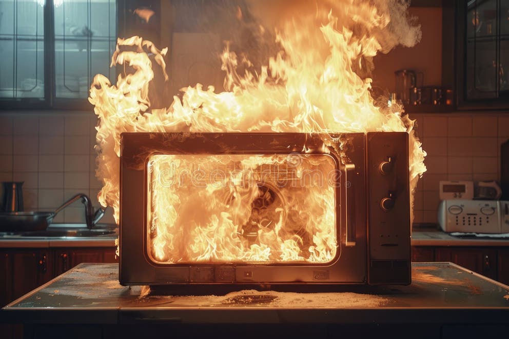 Microwave Oven Burns in Fire and Smoke in the Kitchen Stock Image ...