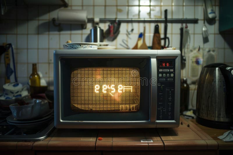 A Microwave Oven with a Clock Display in a Kitchen, Showing the Time, a ...