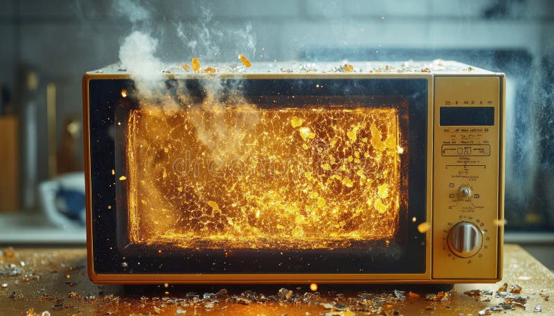 Microwave Oven Exploding with Fire and Sparks in Kitchen Stock Photo ...