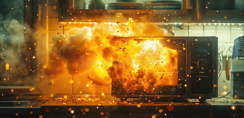 Microwave Oven Exploding in Kitchen with Flames and Smoke. Stock Image ...