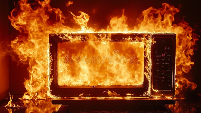 A Microwave Oven on Fire with Flames Coming Out of it Stock Photo ...