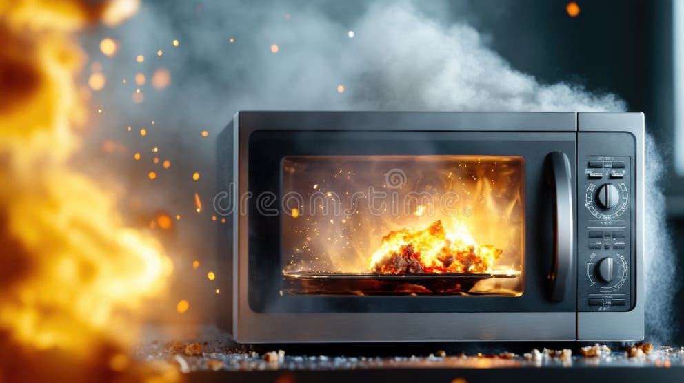 Microwave Oven Fire with Flames and Smoke Causing Kitchen Accident ...