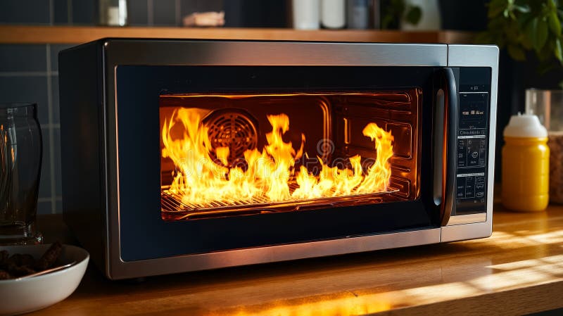 A Microwave Oven with a Fire Inside of it on a Counter Stock Photo ...