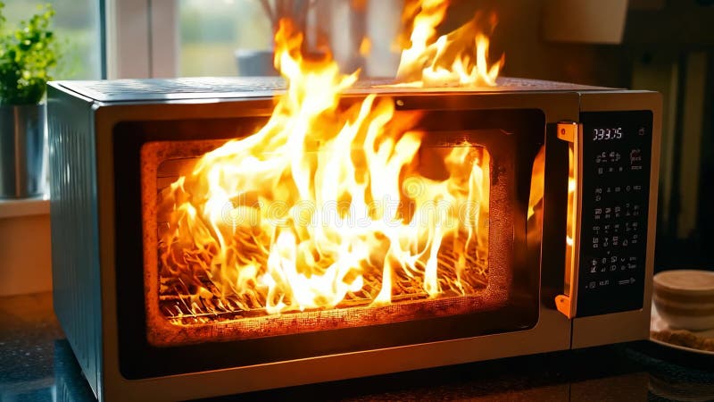 A Microwave Oven with a Fire Inside of it on a Counter Stock Footage ...