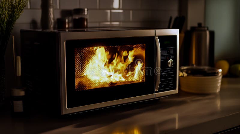 A Microwave Oven with a Fire Inside of it on a Kitchen Counter Stock ...