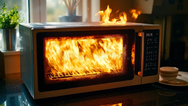 A Microwave Oven with a Fire Inside of it on a Kitchen Counter Stock ...