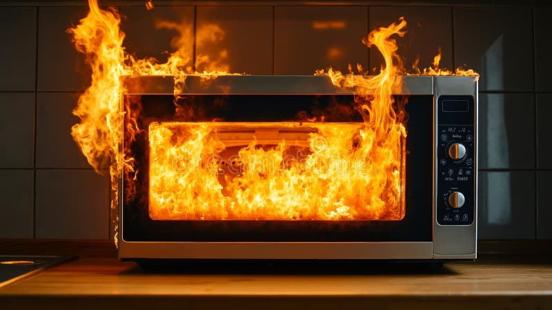 A Microwave Oven with Flames Coming Out of it on a Kitchen Counter ...