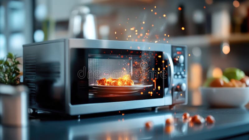 Microwave Oven Heating Meal with Sparks in Modern Kitchen Interior ...