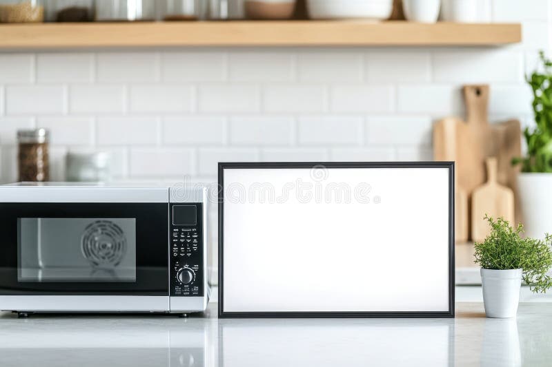 A Microwave and a White Box with a Black Frame are on a Counter Stock ...