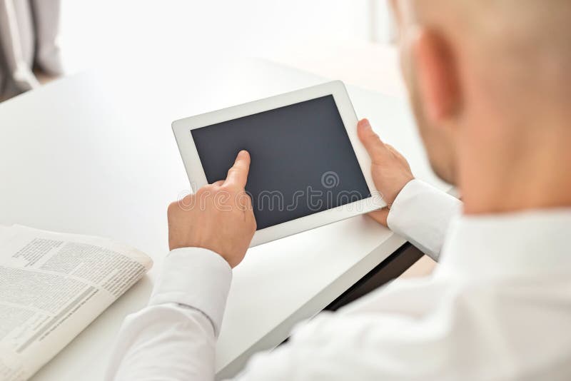 Mid Adult Businessman Using Digital Computer at Table in Home Office ...