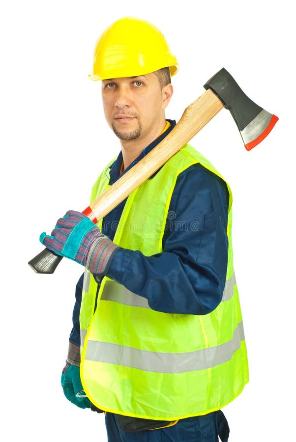 Mid Adult Worker Man Holding Axe Stock Photo - Image of constructor ...
